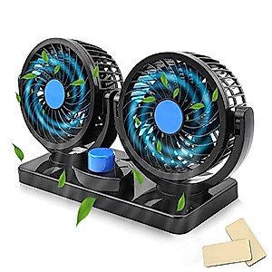 Car Fan 12V, Electric Car Cooling Fan with 360 Degree Adjustable Dual Head That Plugs into Cigarette Lighter/Quiet Noise Auto Fan for Car Truck Van SUV RV Boat Golf Vehicles