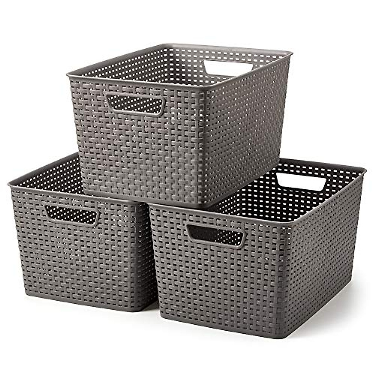 EZOWare 3 Pack X-Large Gray Woven Plastic Storage Baskets, Organizer Knit Basket Bin Boxes with Handle - 16.5x11.4x8.7 inch
