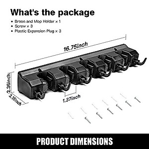 IMILLET Mop and Broom Holder, Wall Mounted Organizer-Mop and Broom Storage Tool Rack with 5 Ball Slots and 6 Hooks (Black) (One Pack)
