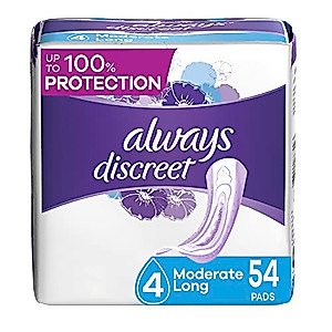 Always Discreet Moderate Long Incontinence Pads, Up to 100% Leak-Free Protection, 54 Count (Packaging May Vary)