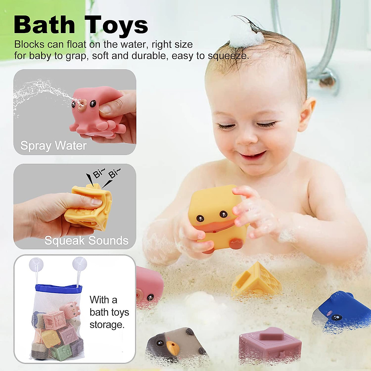 MARUMINE 12PCS Baby Soft Stacking Blocks Squeeze Teething Toys, Educational Montessori Sensory Toy for 6-12 Months Babies