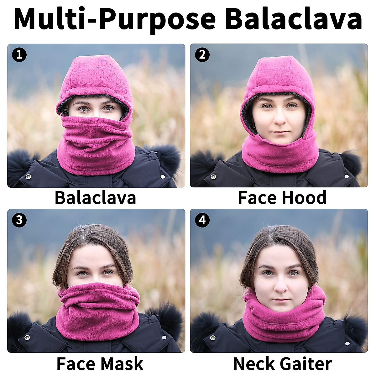 Achiou Winter Balaclava Fleece Hood Ski Mask for Women Kids, Thermal Face Cover Hat Cap Scarf for Cold Weather Rose