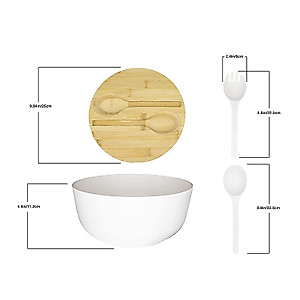 Bamboo Salad Bowl with Serving Spoons, Wooden Bamboo Lid and Cutting Board. Large 9.8 Inch Mixing, Fruit, Food, Dessert, Storage Bowl Set. Lightweight, Dishwasher Safe. White