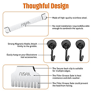 RUSFOL 3-in-1 Stainless Steel Griddle Spatula Holder with Mesh Screen Grease Gate and 3 Magnetic Hooks for 28"/36" Blackstone Griddles, Flat Top Griddle BBQ Accessories, Free from Drill&Easy Install