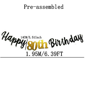 Black Happy 80th Birthday Banner Sign Gold Glitter 80 Years Birthday Party Decorations Supplies Anniversary Celebration Backdrop Pre-Assembled (Black)