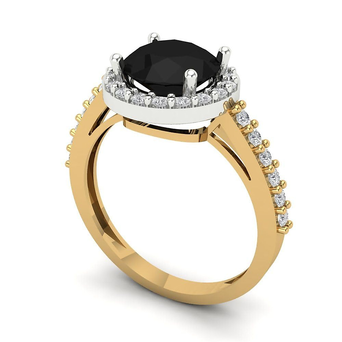 2.5 ct Round Cut Solitaire W/Accent Halo Natural Black Onyx Art Deco Wedding Statement Bridal ring 18K 2 tone Gold Size 9.5