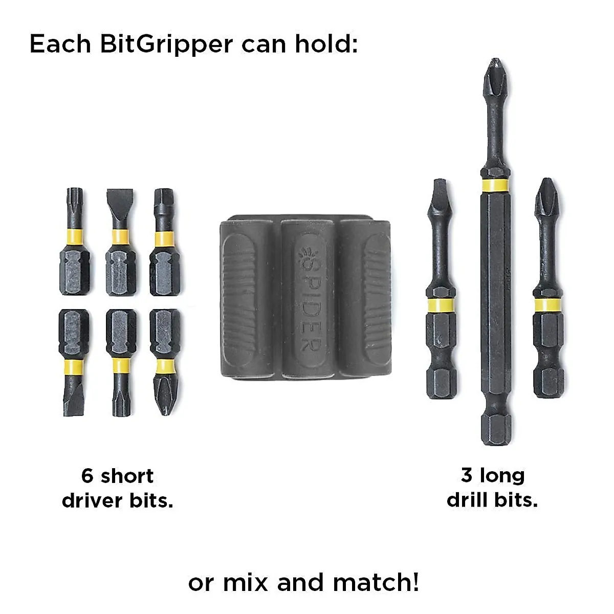 Spider Tool Holster - BitGripper v2 - Pack of Two - High Strength 3M Adhesive Drill add-on for Easy Access to six Driver bits on The Side of Your Power Drill or Driver! - Includes One Alcohol Swab