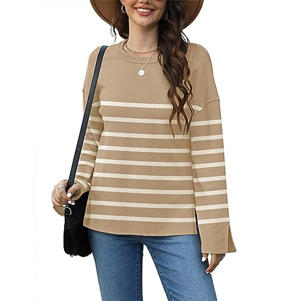 Disamer Women's 2025 Casual Oversized Sweaters Fall Clothes Trendy Long Sleeve Crew Neck Pullover Tunic Tops,Stripe Khaki,Large