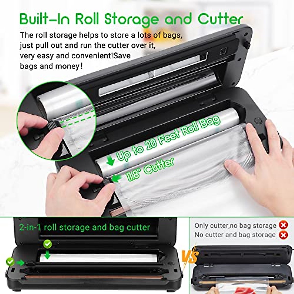 INKBIRD Food Vacuum Sealer Machine, Sealing-Time Countdown& Viewable Window, Automatic Food Sealer, Built-in Cutter and Roll Storage(Up to 20ft), One-Touch Moist Modes for Seasoned Meat, 5-Modes for Daily Need, LED Indicator, Starter Kit with Vacuum Seale