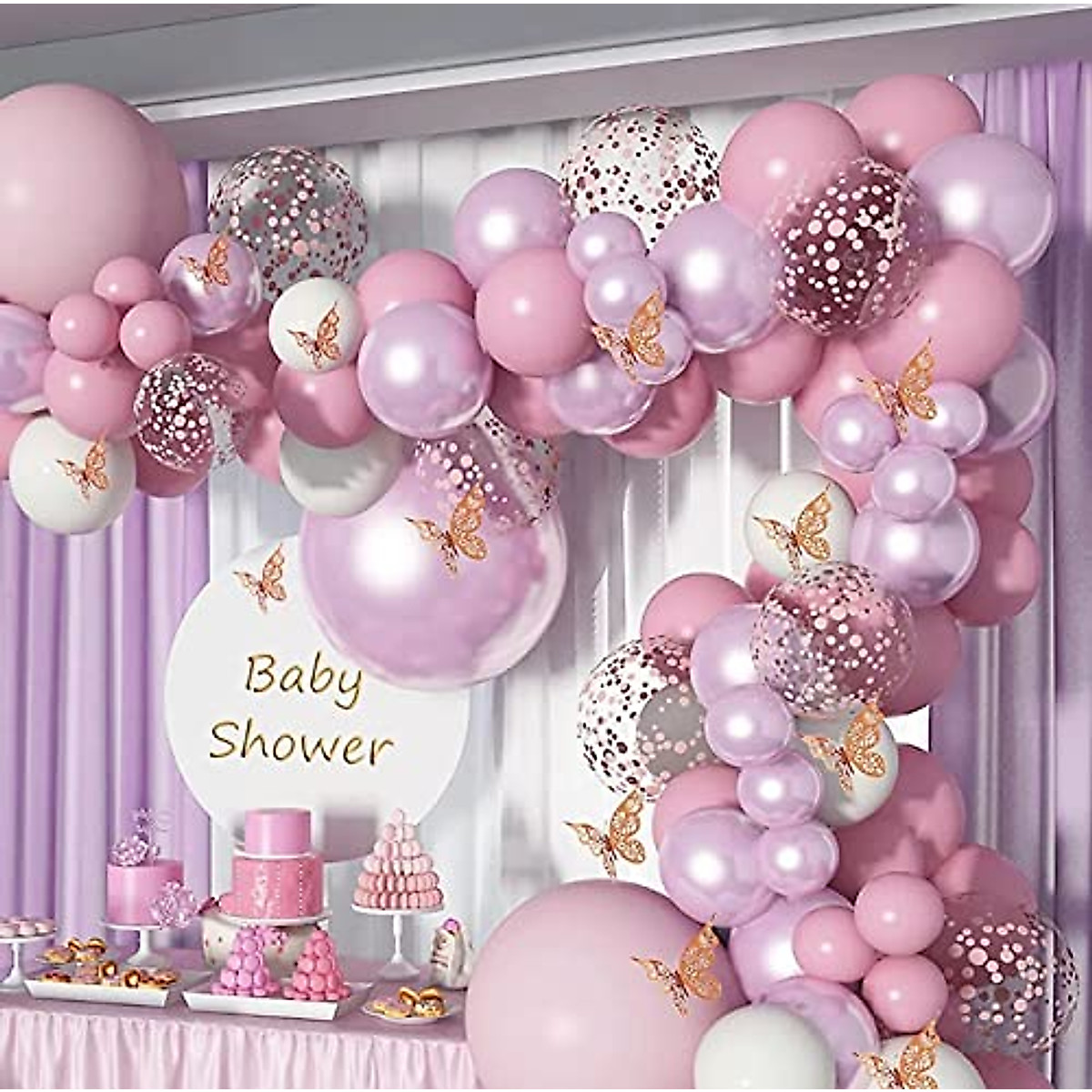 (115 PCS) Butterfly Pink and Purple Balloons Garland Arch Kit, Baby Shower Decorations for Girl Butterfly Stickers Confetti Balloons for Birthday Wedding Bridal Shower Decorations