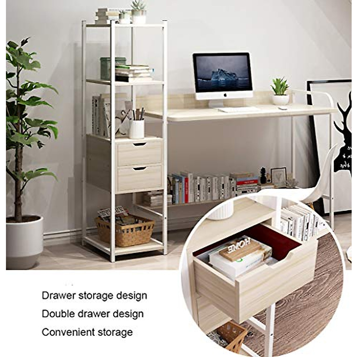 Computer Desk with 2 Drawers,Modern Writing Desk with Bookshelf,L Shaped Pc Laptop Table Sturdy Office Desk Workstation for Home