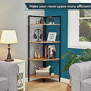 SAYGOER Corner Bookshelf 4 Tier Stand Storage Shelf Modern Black Bookcase Ladder Standing Shelves Display Rack Plant Stand for Small Spaces, Bedroom, Living Room,Walnut Oak