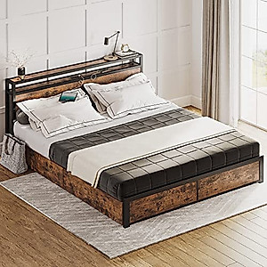 LIKIMIO Queen Bed Frame with Storage Drawer, 2-Tier Storage Headboard with Charging Station, No Box Spring Needed, Easy Assembly, Vintage Brown