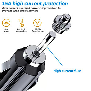 1 to 2 Car Cigarette Lighter Splitter Adapter, 12V 24V Plug Socket 2-Way Splitter Y Adapter, 5.9" Cigarette Lighter Extension Cord with 15A Fuse, Auto Power Charger Port for All Cars