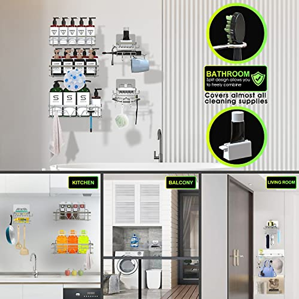 SEETHEBATH Shower Caddy Organizer 5-Pack with 19 Hooks Shower Shelves Accessories Adhesive Wall Mounted 304 Stainless Steel