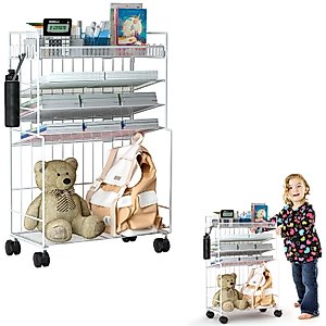 FIROK Rolling Bookcase with Wheels,Heavy Duty Mobile Bookshelf Storage Cart for Students, Metal Frame Book Shelf Organizer for Home,Office,Living Room - White