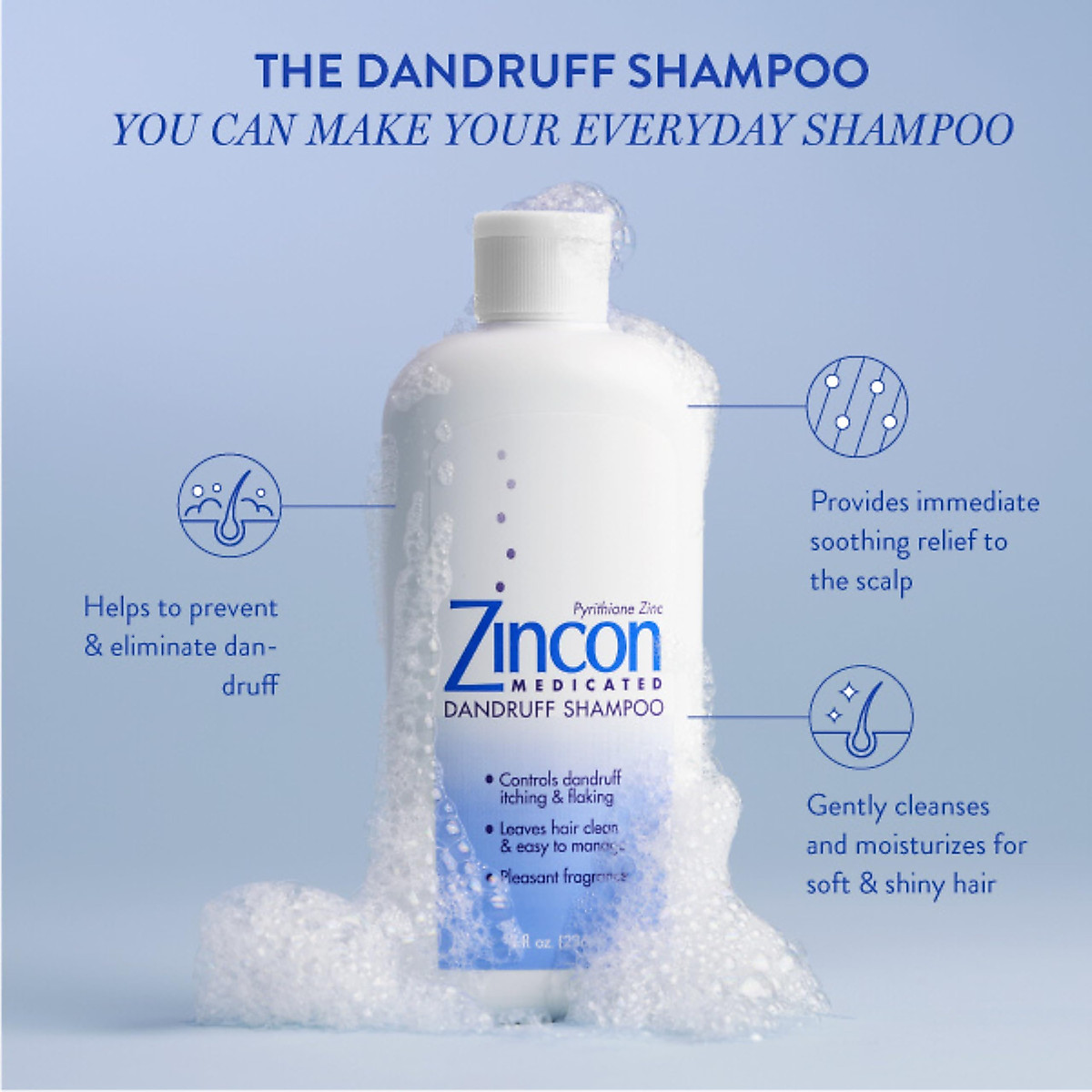 ZINCON Medicated Dandruff Shampoo, for Dry, Itchy Scalp Care & Anti-Dandruff with Immediate Soothing Relief - 8 Fl Oz