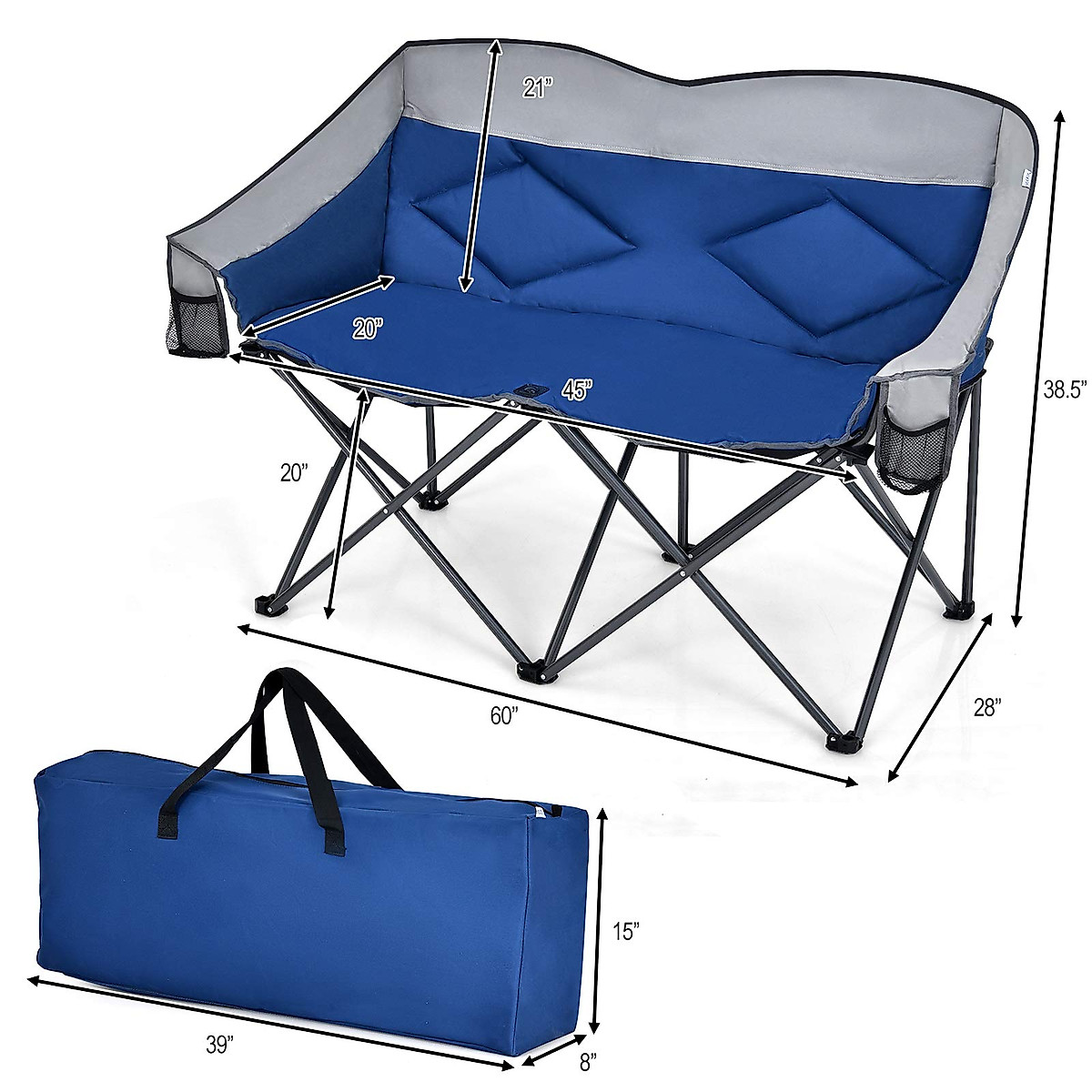 Goplus Loveseat Camping Chair, Double Folding Chair for Adults Couples w/Storage Bags & Padded High Backrest, Oversize Camp Seat for Fishing Picnic (Blue)