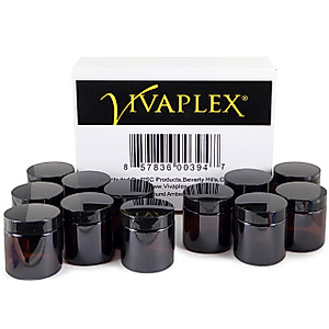 Vivaplex, 12, Amber, 4 oz, Round Glass Jars, with Inner Liners and black Lids