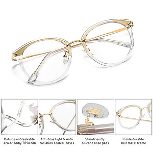SOJOS Retro Round TR90 Blue Light Reading Glasses Womens Mens Readers Computer Glasses Eyewear Frame SJ9001, Clear Frame 0.00 x
