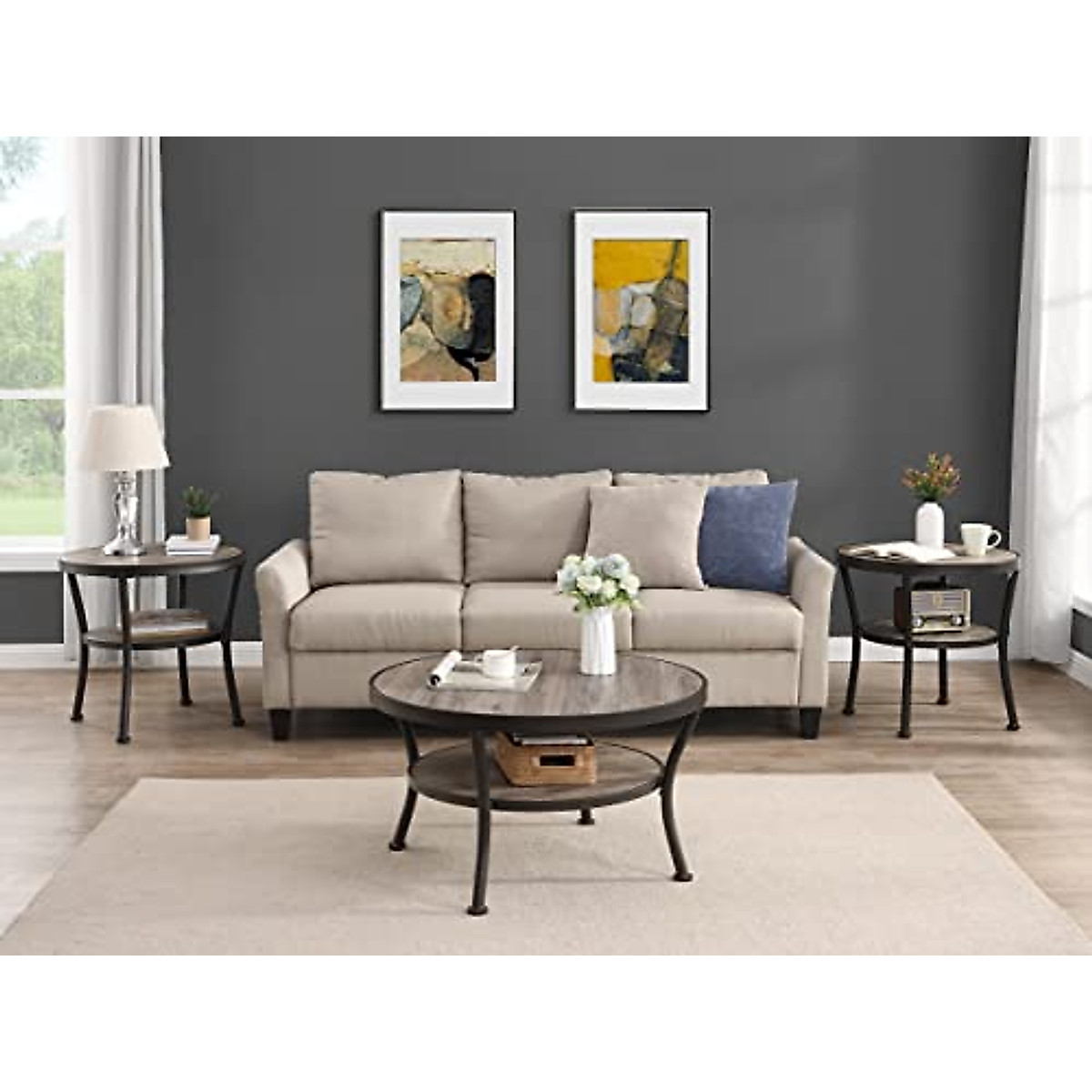 O&K FURNITURE Round End Table, Side Table for Living Room,Small Round Accent Table, Grey