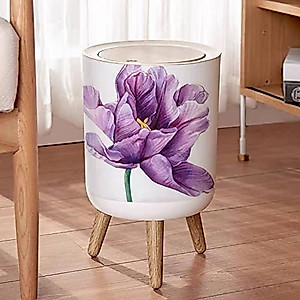 Round Trash Can with Lid Lilac Flower an Isolated White Watercolor Illustrations Purple Tulips Press Top Recycle Bin Small Garbage Can Dog Proof Wastebasket Wooden Legs Bathroom Kitchen 7L/1.8 Gallon