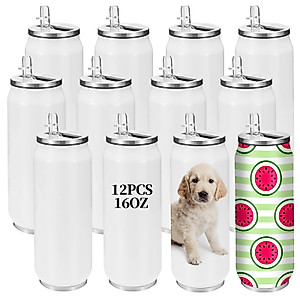 YOUKE OLA 12 Pack Sublimation Blank Can Shaped with Straw Lids 16oz White Double Walled Vacuum Insulated Stainless Steel Water Bottle for Sublimation Print