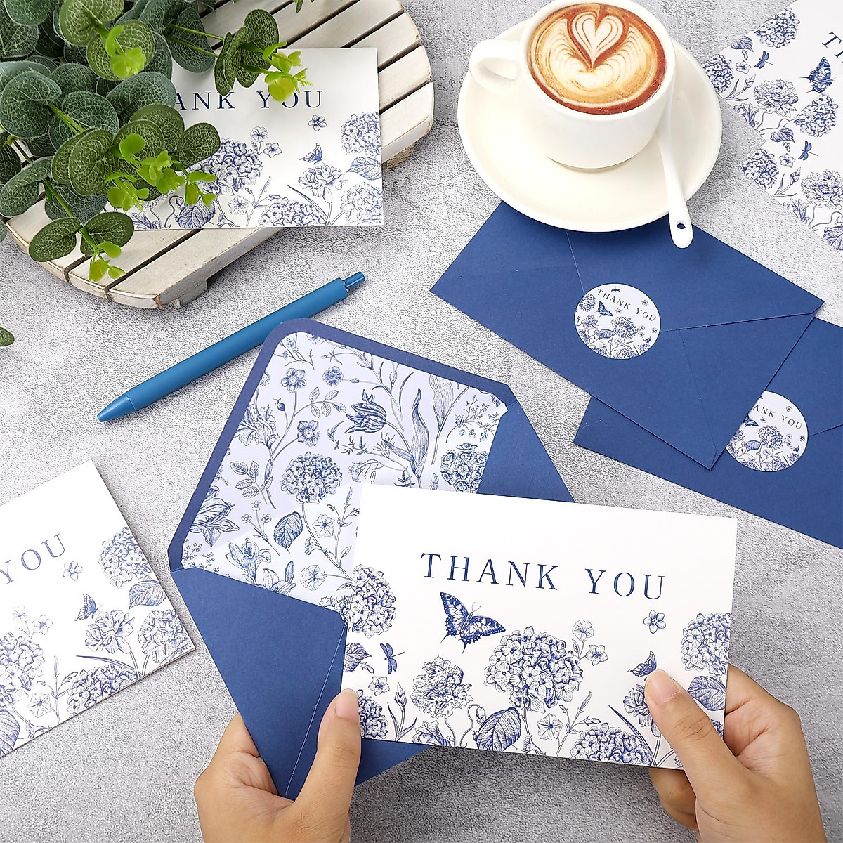 Whaline 24Pcs Blue Floral Thank You Cards with Envelopes and Stickers Blue Flower Butterfly Greeting Cards Vintage Blank Note Cards for Wedding Bridal Baby Shower