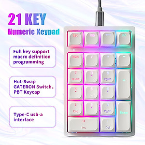 MOTOSPEED Mechanical Numeric Keypad Hot-Swap GATERON Switch Wired Gaming Keypad RGB Backlit PBT Keycap 21 Keys Mini Numpad Portable Keypad Extended Layout(Gateron Red)