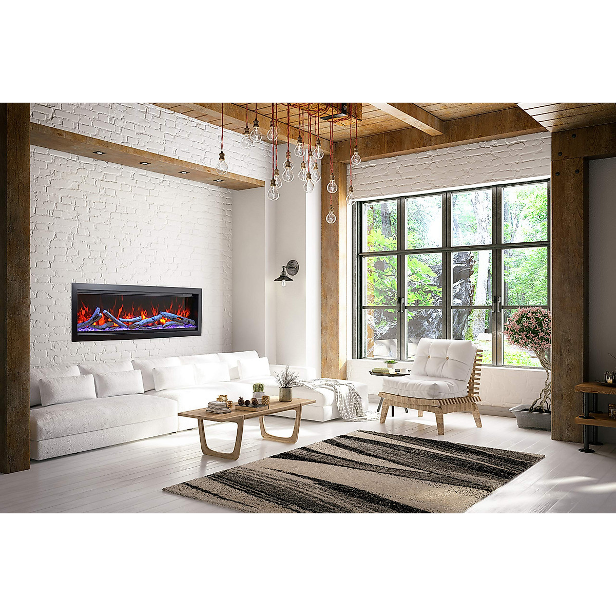 Amantii SYM-74-BESPOKE Symmetry Series Bespoke 74-Inch Built-in Electric Fireplace with Remote, Birch Log Media, Black Steel Surround