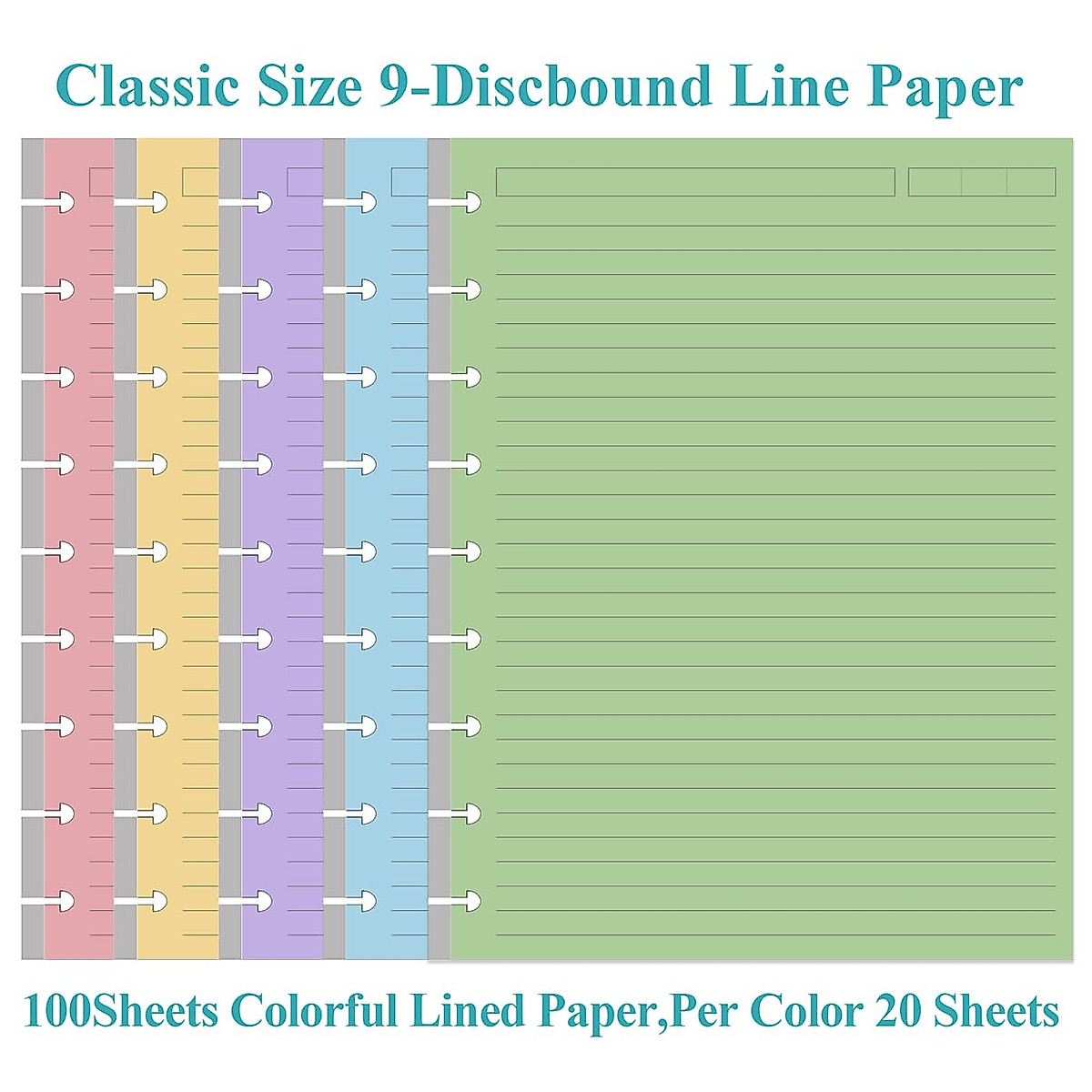 9-Disc Discbound 5 Colorful Line Paper Pre-punched Happy Planners Inserts, 100Sheets/200Pages Classic Size Line Loose-Leaf Paper, Per Color 20 Sheets, 7" x 9.25"