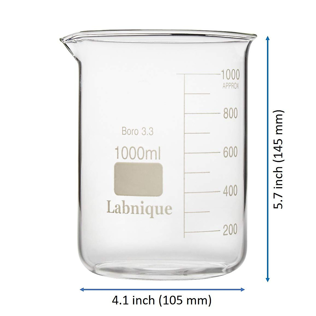 Labnique Borosilicate 3.3 Glass Griffin Beaker, Low Form with Printed Graduation, Double Boxed, 1000ml / 1L (Pack of 6)