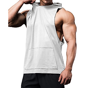 Men's Hooded Tank Tops Gym Workout Training Hoodies Sleeveless Bodybuildng Muscle Cut Off T-Shirt with Pocket 02 White M