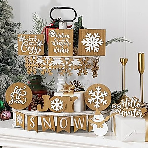 Chitidr 20 Pcs Tiered Tray Set - Christmas Snowflake Table Decor Snowman Rustic Farmhouse Wood Sign Hello Winter Tabletop Sign Decor for Xmas Winter Holiday Table Shelf Home