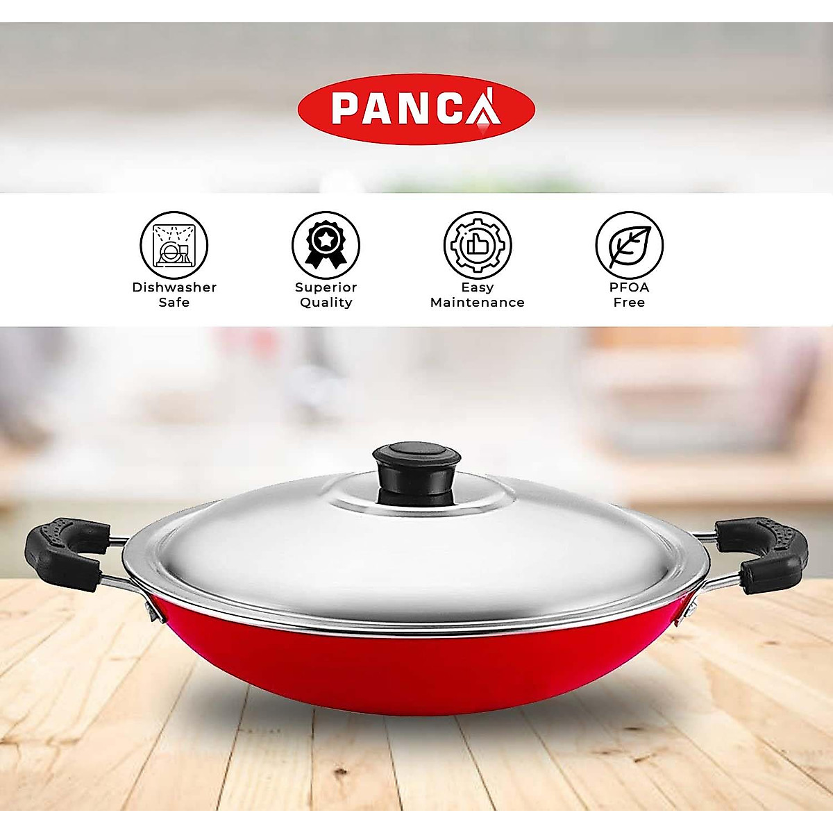 PANCA Non-Stick Aluminium Appachatti with Stainless Steel lid, 2.6mm, Red/Black, 23cm, Gas Compatible
