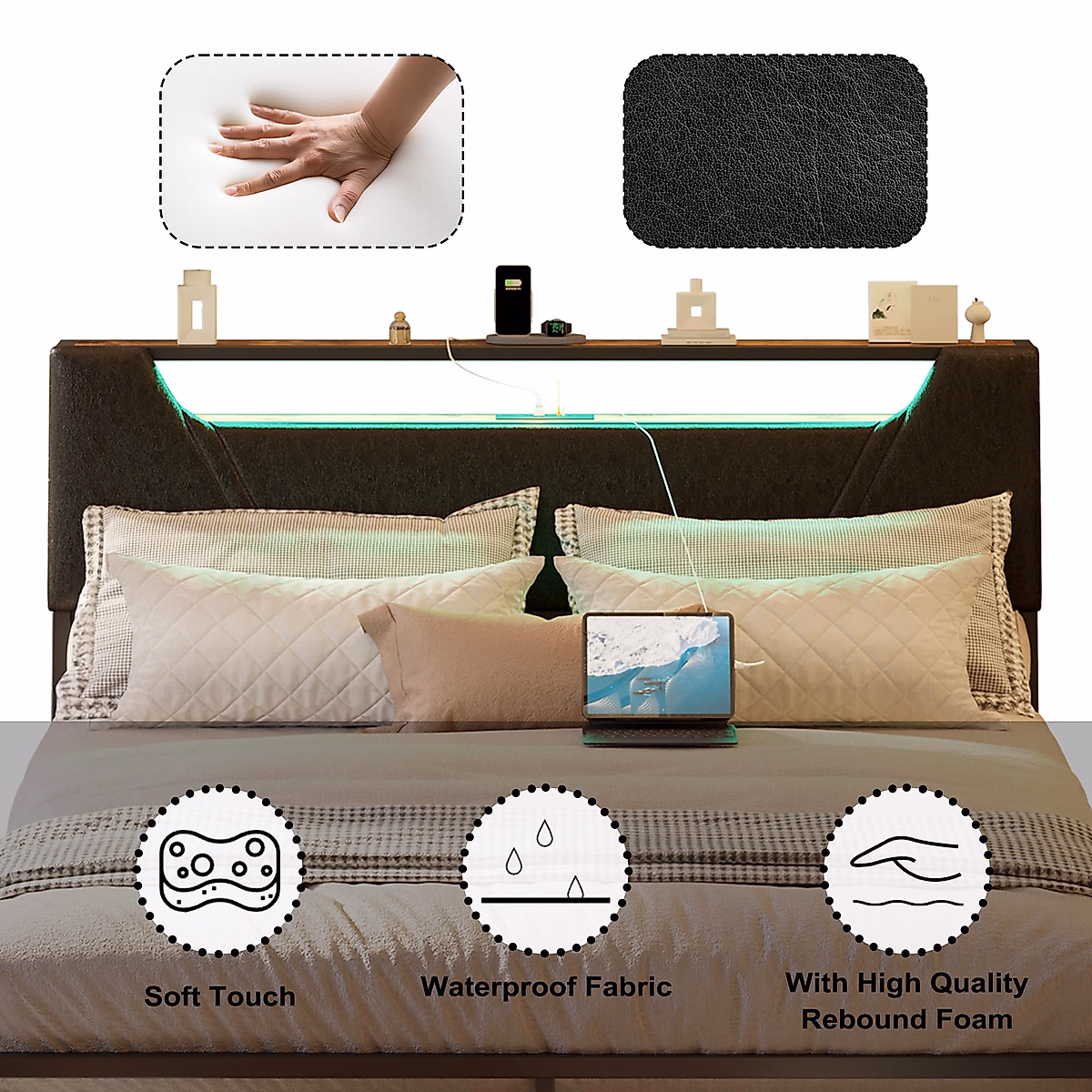 IRONCK Queen Bed Frame with Drawers, Ergonomic Storage Headboard with Charging Station, LED Light, Solid and Stable, No Box Spring Needed