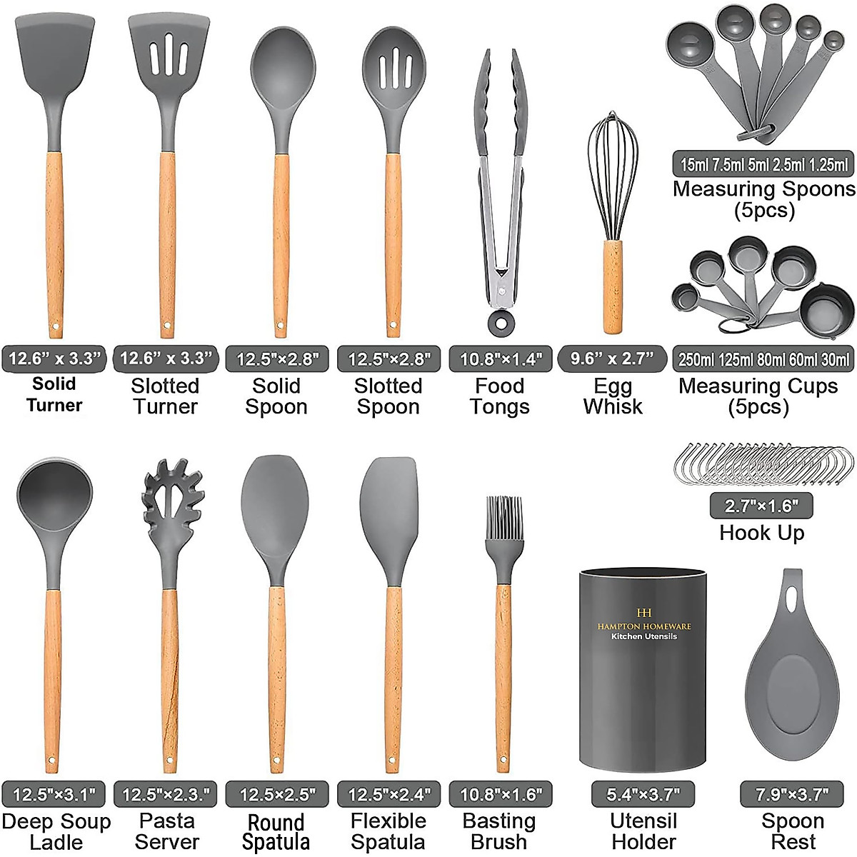 Kitchen Utensils Set, 33 pcs Non-Stick Silicone Cooking Utensils Set, Heat-Resistant Silicone, Wooden Utensils for Cooking, Kitchen Gadgets Spatula Set, Apartment Essentials Kitchen Set (Charcoal)