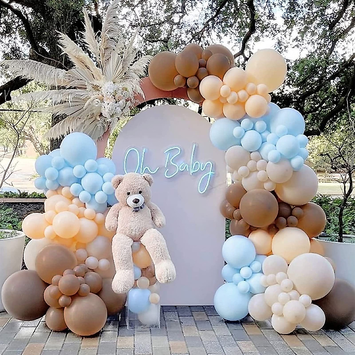 Blue Brown Balloons Teddy Bear Baby Shower Garland Arch Kit Decorations with 147Pcs Blush White Sand Balloon for Jungle Safari Woodland Themed Wild One 1st Birthday Wedding Thanksgiving Boho Party