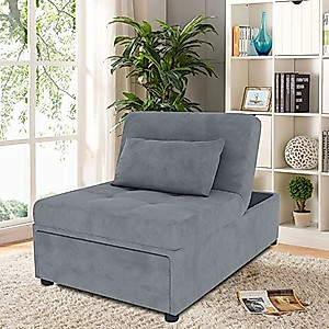 Velvet Convertible Sofa Bed, 4 in 1 Multi-Function Folding Ottoman Lounge Chair, Modern Sleeper Bed Couch Guest Bed with Adjustable Backrest and Pillow for Living Room Small Room Apartment (Gray)