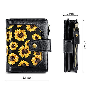 Simikol Small Wallet for Women Leather Bifold RFID Blocking Zipper Pocket ID Window Womens Card Holder Case,Sunflower