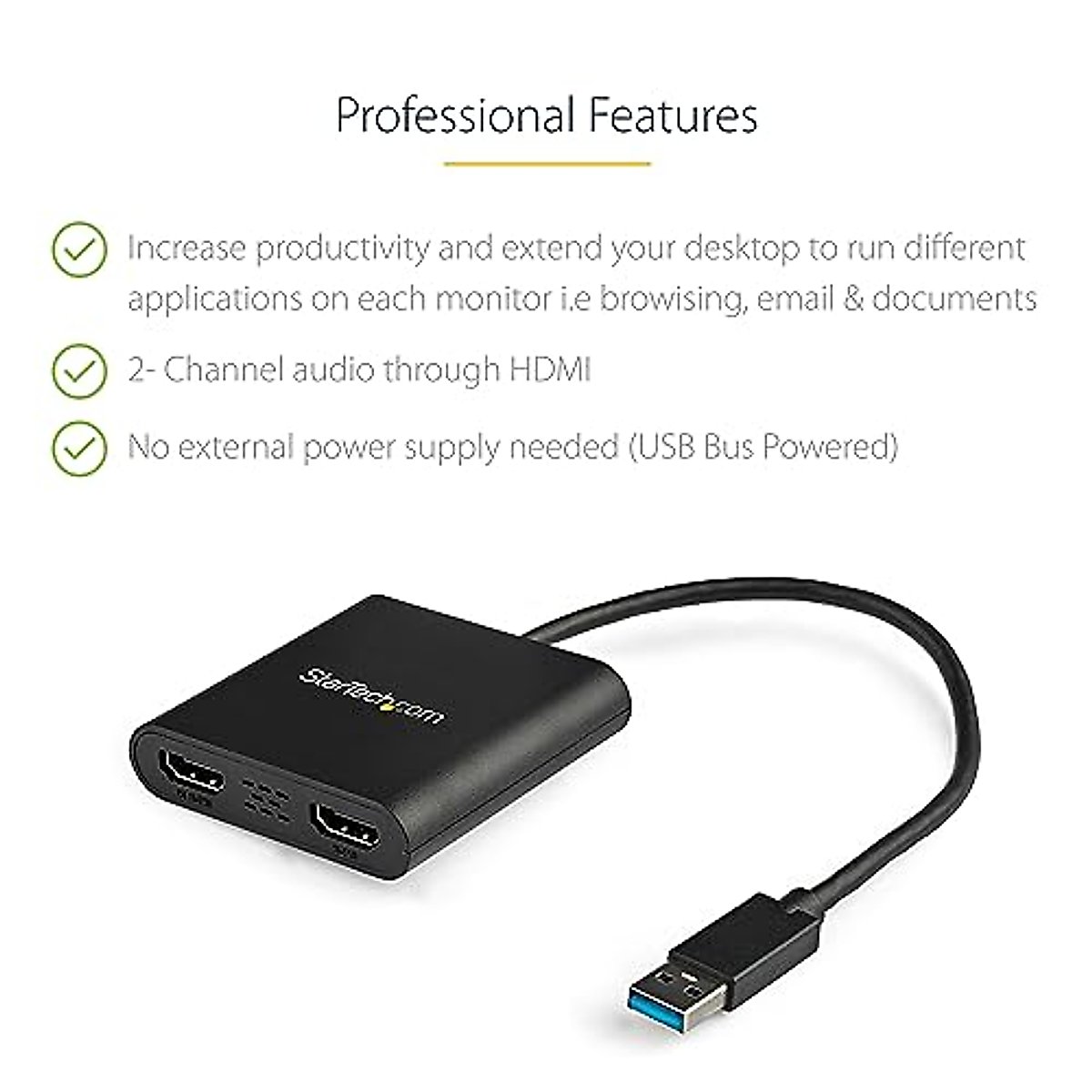 StarTech.com USB 3.0 to Dual HDMI Adapter - 1x 4K 30Hz & 1x 1080p - External Video & Graphics Card - USB Type-A to HDMI Dual Monitor Display Adapter - Supports Windows Only - Black (USB32HD2)