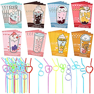 AOJOYS Valentines Day Cards for Kids 32 Pack - 32 Colorful Valentine Gift Cards + 32 Lovely Loops Reusable Drinking Straws for Classroom Exchange Prizes, Valentine Party Favors