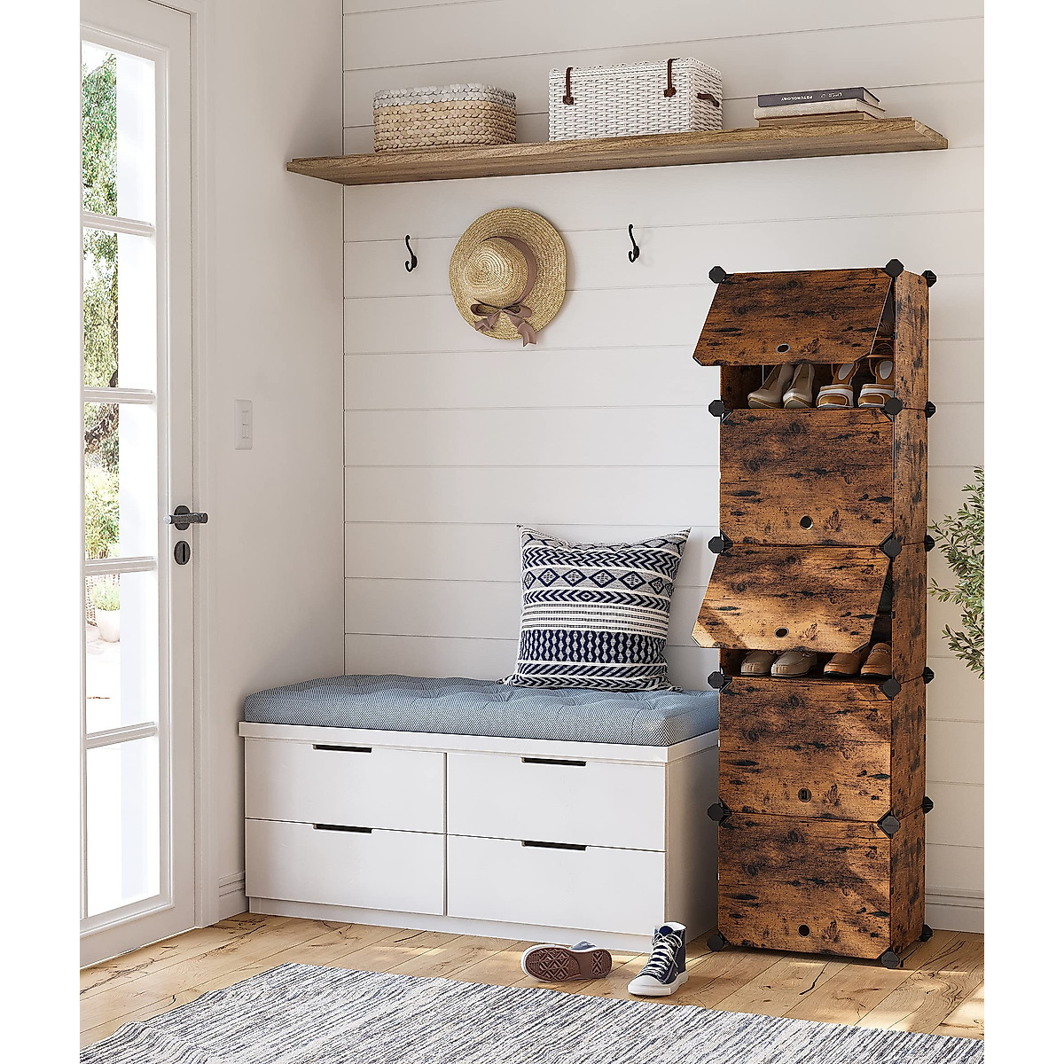 SONGMICS Shoe Rack, 10-Slot Storage Organizer Unit with Doors, Portable Cube Shoe Storage Organizer, Plastic Modular DIY Storage Shelf, Closet Divider for Clothes Bags Toys, Rustic Brown ULPC506A01