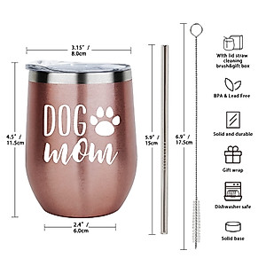 Dog Mom Wine Tumbler Dog Mom Tumbler for Dog Lovers Mother Women from Daughter Son Mothers Day Birthday Christmas Gifts for Mom Wife 12 Ounce Dog Wine Tumbler with Lid Straw and Gift Box Rose Gold
