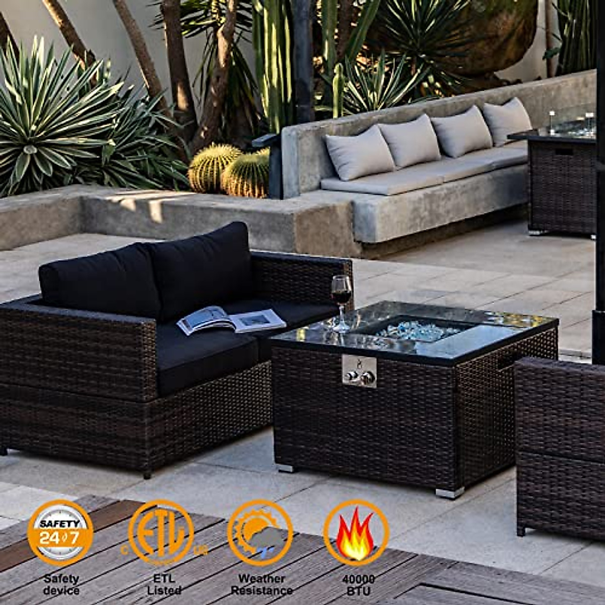 AJ Enjoy 32'' Propane Fire Pit Table, Marble Textured Ceramic Tabletop, 50,000 BTU Fire Table with Brown Wicker, Mix Color Glass Rocks, Including Lid&Cover, Square, Tank Required to Be Kept Outside