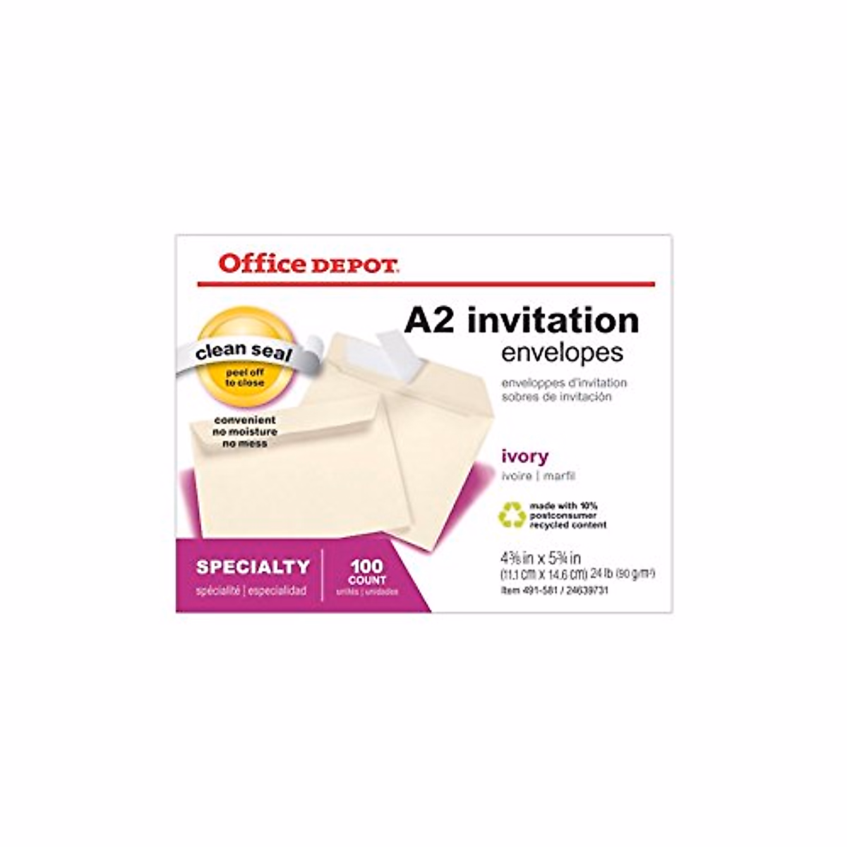 Office Depot Clean Seal(TM) Invitation Envelopes, 4 3/8in. x 5 3/4in., Ivory, Box Of 100, OM00698