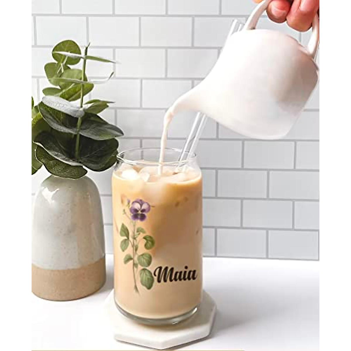 Personalized Birth Flower Glass Tumbler, Jar Cup with Bamboo Lid & Plastic Straw, 16 oz, Bridesmaids, Bachelorette Gifts, Gifts for Mom, Flower Design Tumbler, Iced Coffee Glass - Colorful