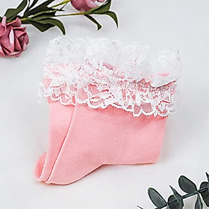 RMSWEETYIL Lace Ruffle Frilly Socks for Women, Cute Lace Ankle Socks (2 Pairs-white+pink)