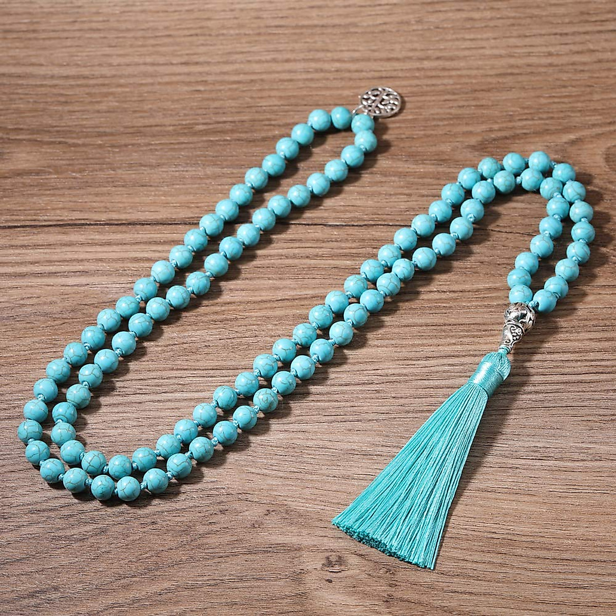 OAIITE 108 Mala Beads Necklace Semi-Precious Gem Stones Turquoise Necklace 108 Hand Knotted Japa Mala Beaded Tassel Necklace with Tree of Life Pendant