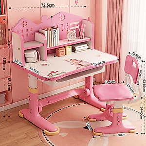 Kids Desk and Chair Set, Height Adjustable Kids Study Desk with Cartoon Pattern, Widened Tabletop, Tilting Book Stand Drawer, Golden Distance Design to Prevent Myopia, for Boys and Girls (1, Pink-B)
